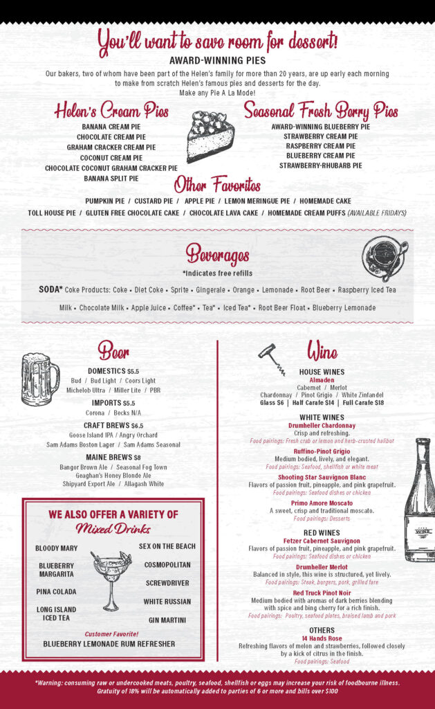 Lunch/Dinner Menu - Helen's Restaurant - Ellsworth, Maine