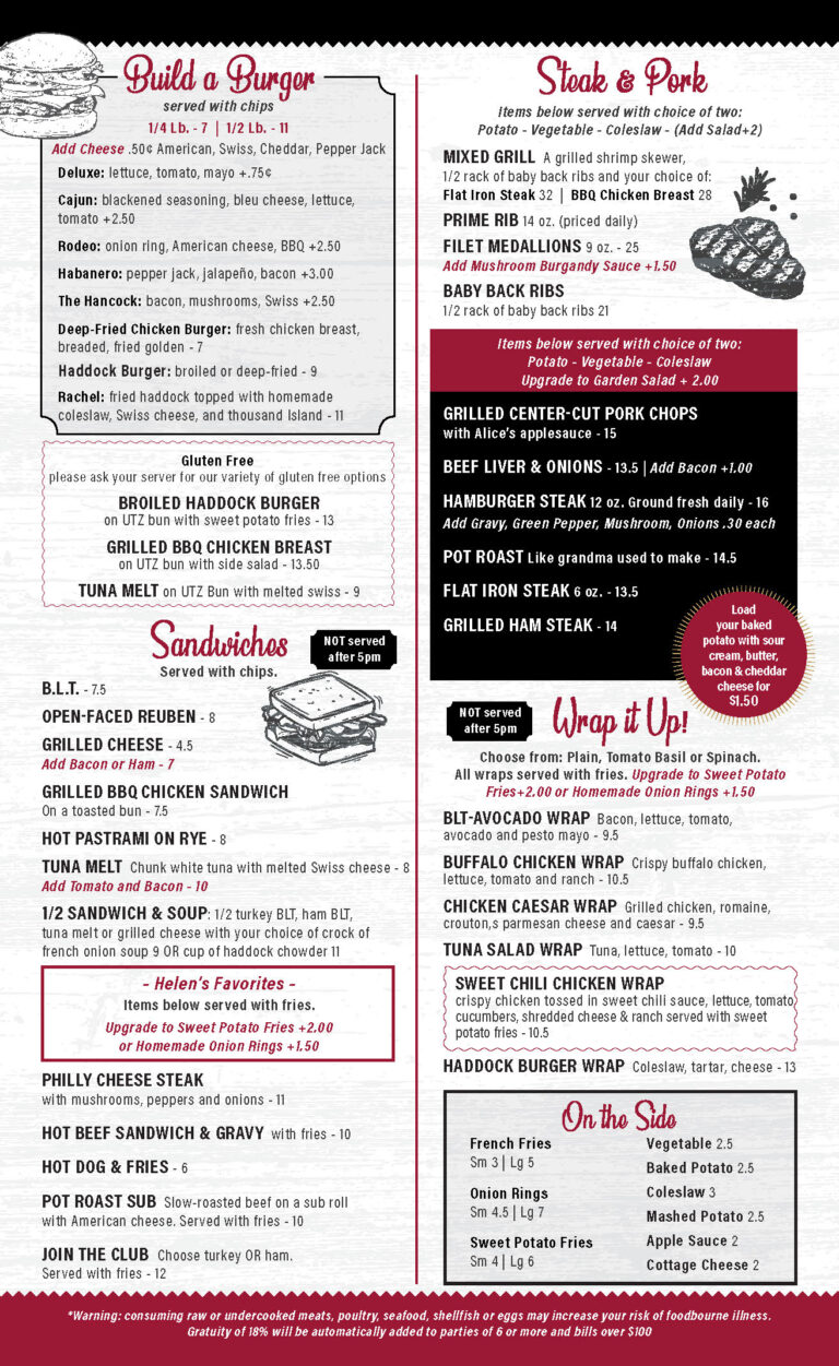 Lunch/Dinner Menu - Helen's Restaurant - Ellsworth, Maine