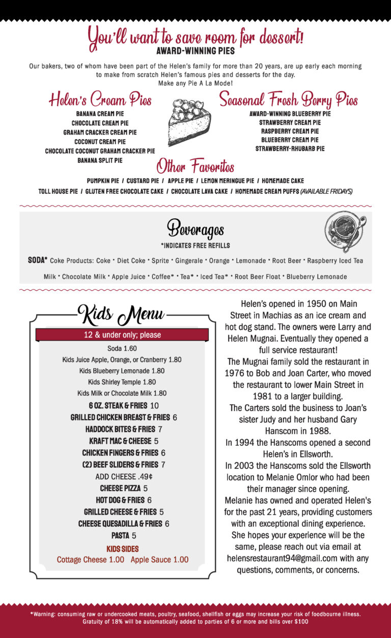 Menu - Helen's Restaurant - Ellsworth, Maine